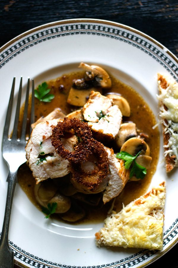 Parsley Butter Chicken Roulade with Spicy Mushrooms, Crispy Onion Rings ...