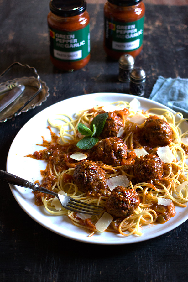 Spaghetti and Baked Lamb Meatballs with Peppadew Piquante Green Pepper ...