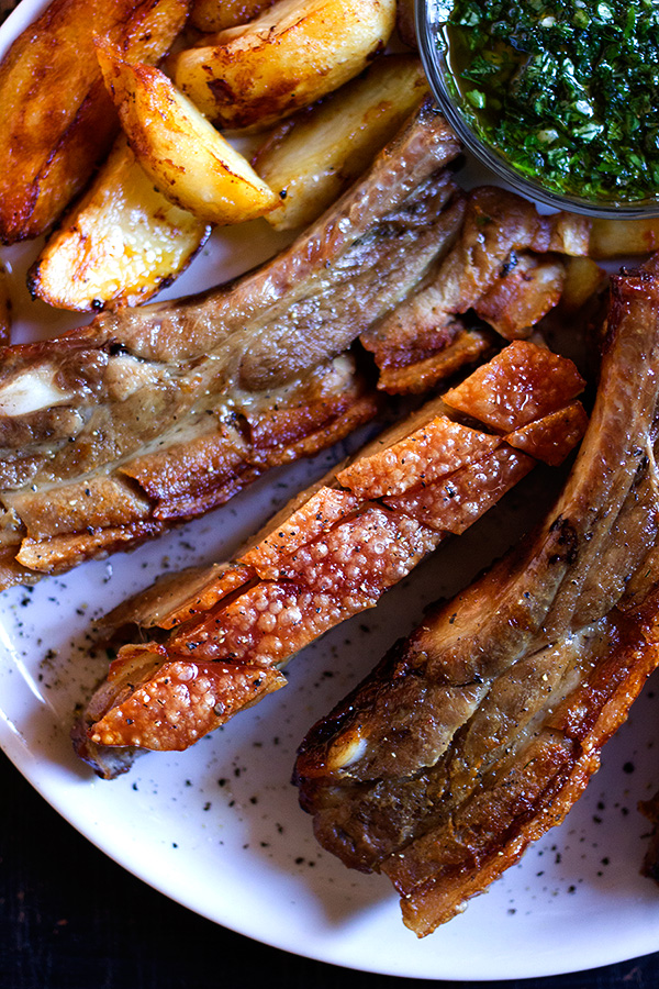 Crispy Pork Belly Ribs with Green Sauce and Honey Roasted Potatoes ...