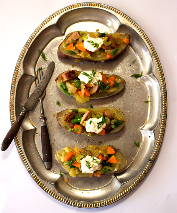 Sweet Potato Spuds with Vegetables and Pork Bangers - aninas recipes