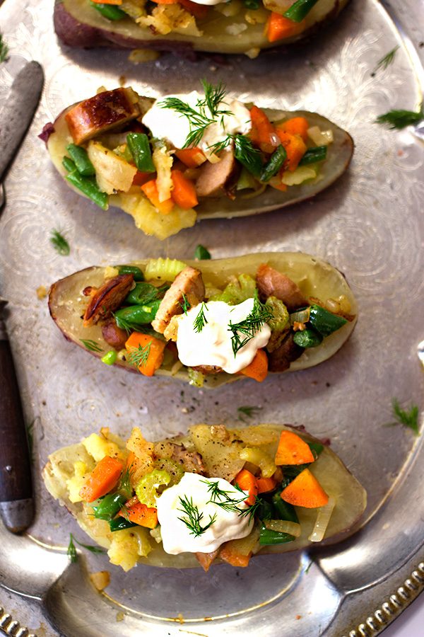 Sweet Potato Spuds with Vegetables and Pork Bangers - aninas recipes