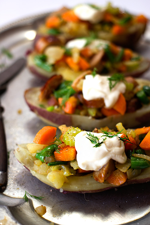 Sweet Potato Spuds with Vegetables and Pork Bangers - aninas recipes