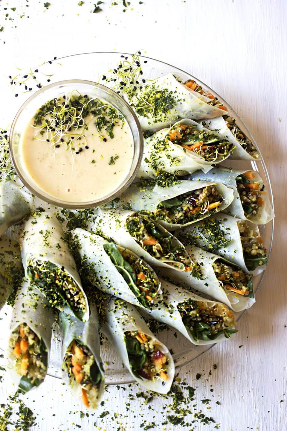 Three Grain Rice Paper Rolls with Miso Peanut Butter Dipping Sauce and ...